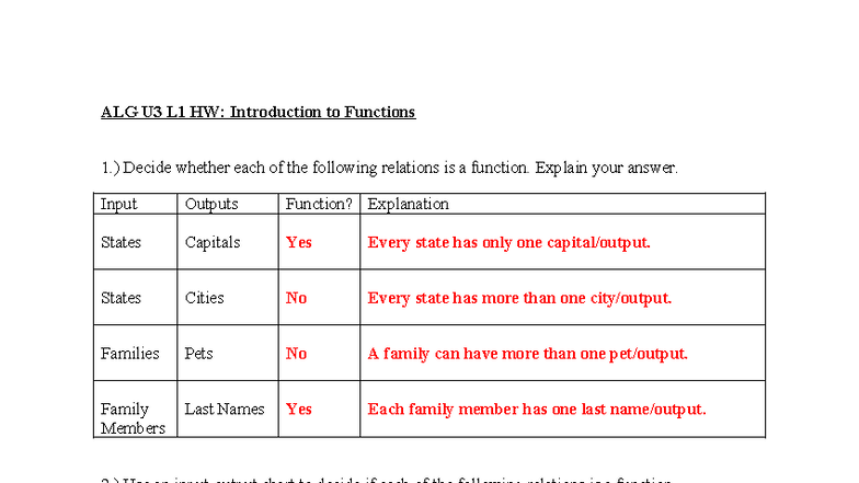 ALG U3 L1 HW Answer Key: Introduction to Functions - Studocu
