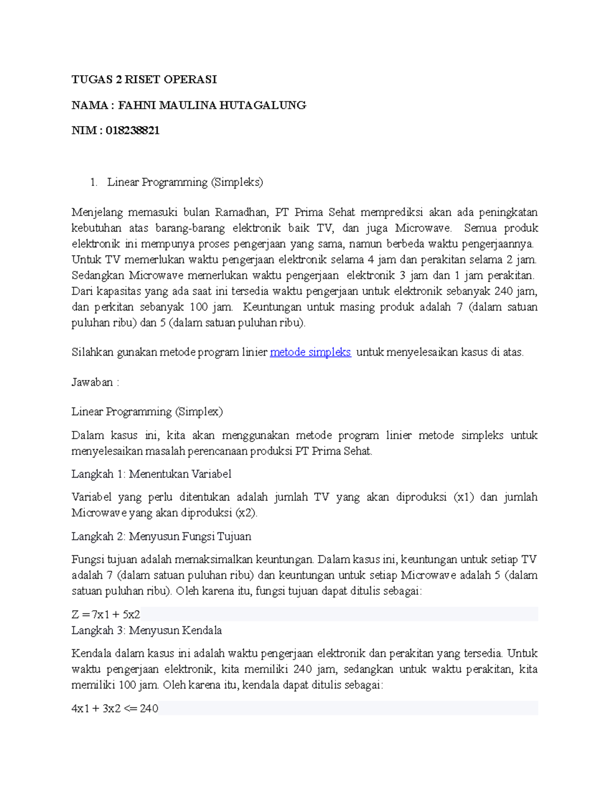 Tugas 2: Riset Operasi & Metode Simpleks dan Transportasi - Studocu