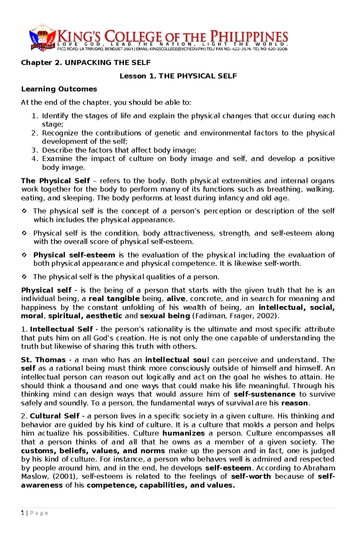 Midterm Unpacking THE SELF - Chapter 2. UNPACKING THE SELF Lesson 1. THE PHYSICAL SELF Learning ...