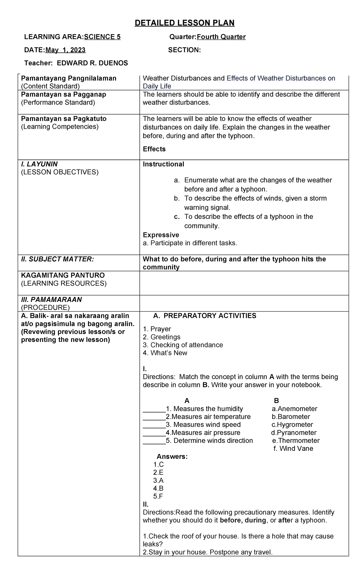 Grade 5 Q4 - Comprehensive Lesson on Weather Disturbances - Studocu