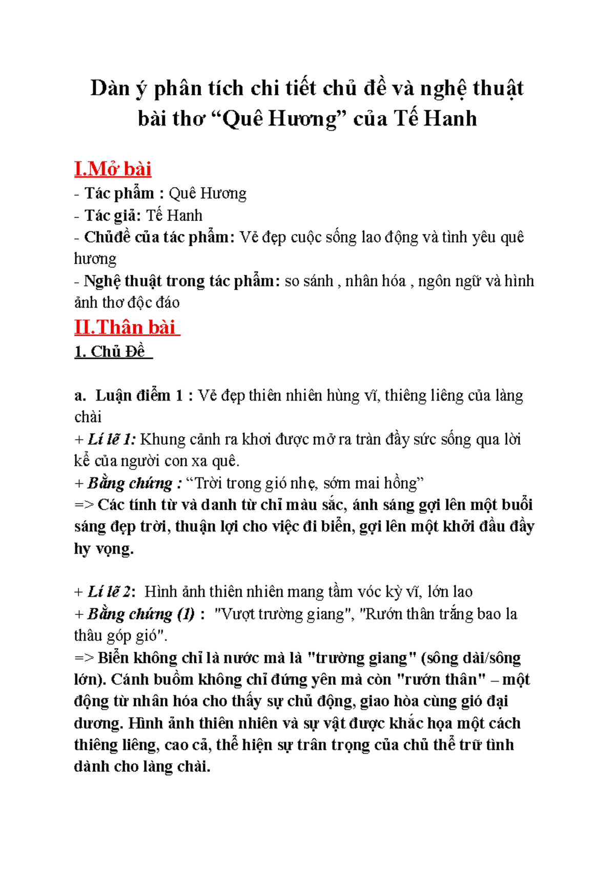 Dàn ý Phân Tích Chi Tiết Nghệ Thuật Bài Thơ Quê Hương Tế Hanh - Studocu