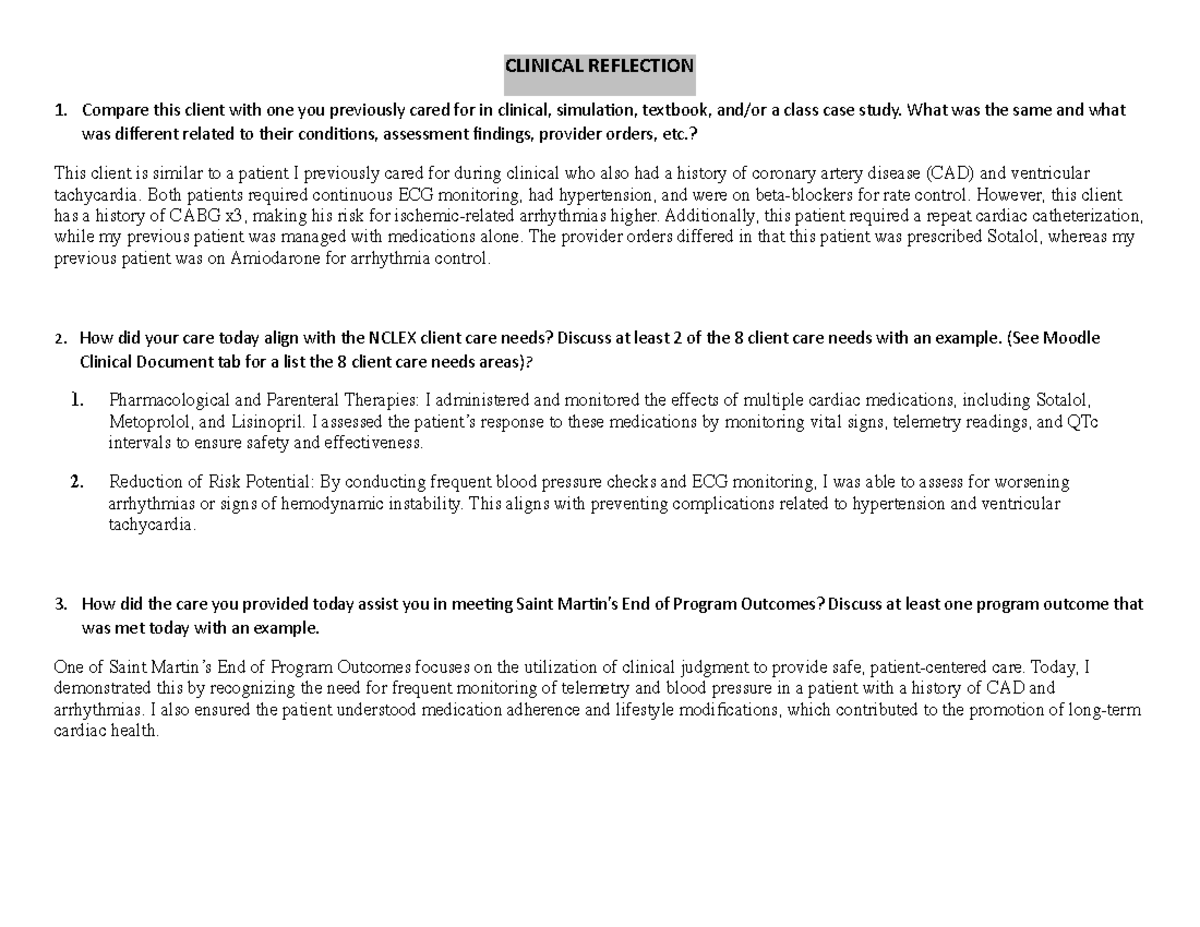 221 Clinical Reflection - CLINICAL REFLECTION Compare this client with ...