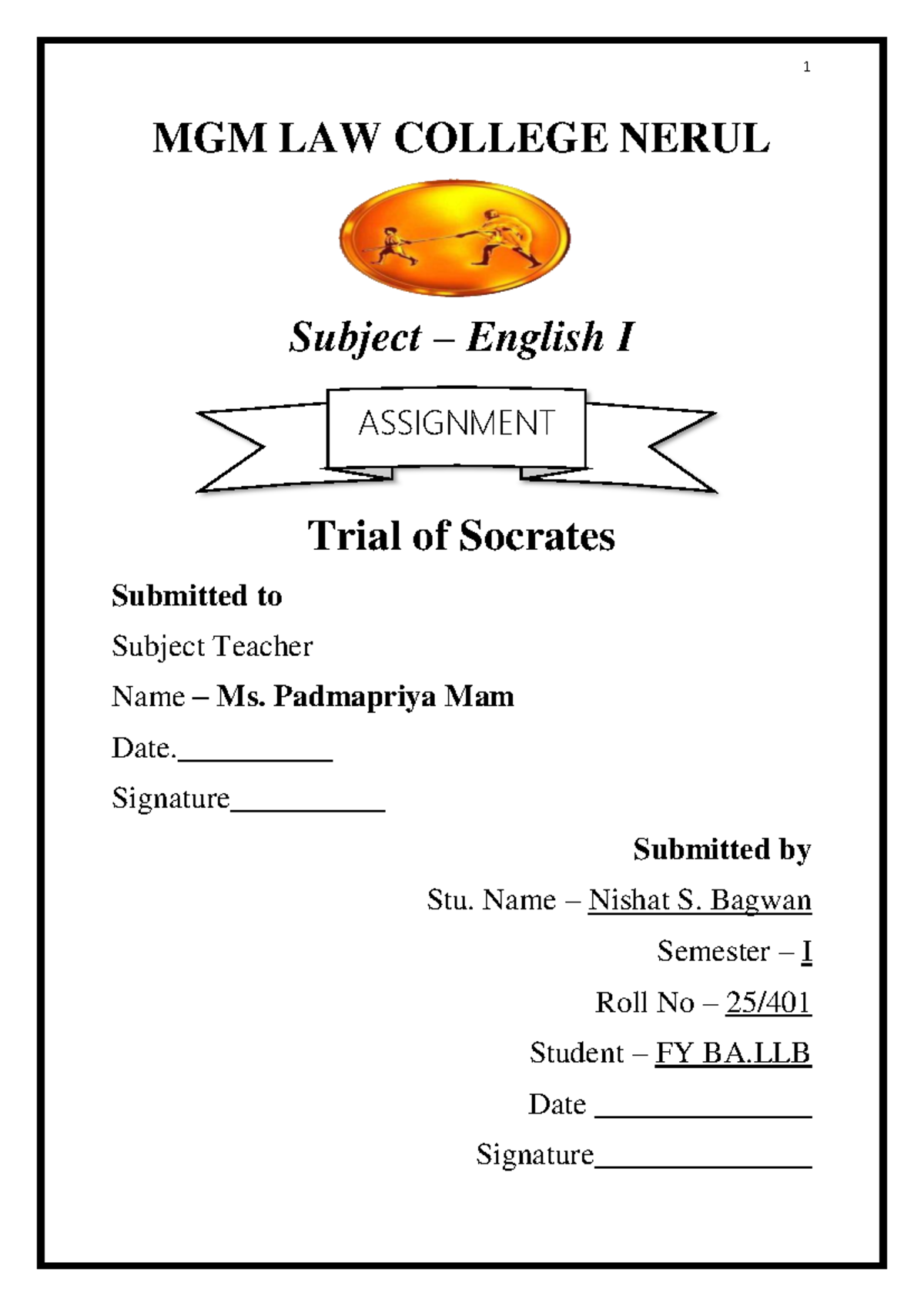 English I Final Assignment: Trial of Socrates Analysis - FY BA.LLB ...