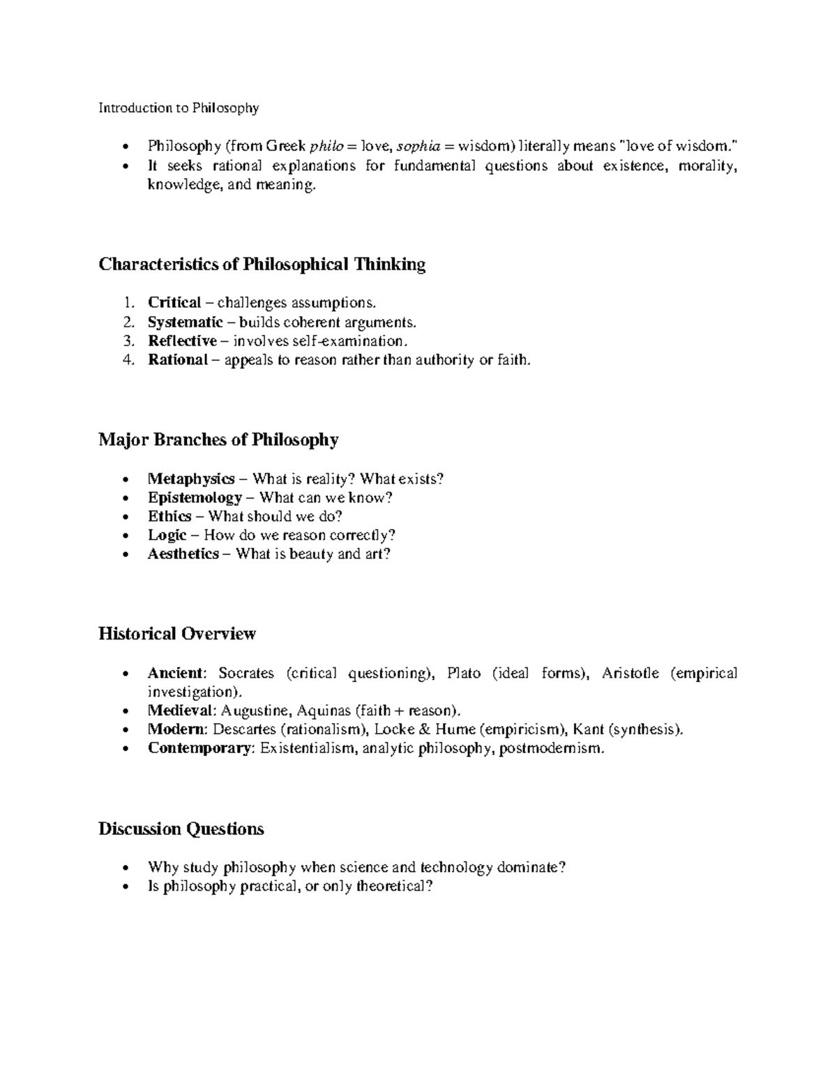 PHIL 101: Introduction to Philosophy - Key Concepts & Branches - Studocu