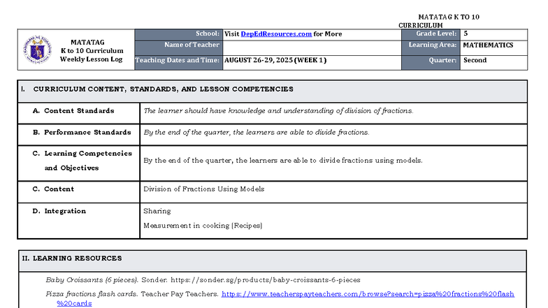 DLL MATATAG K to 10 Math 5 Q2 W1: Dividing Fractions Using Models - Studocu