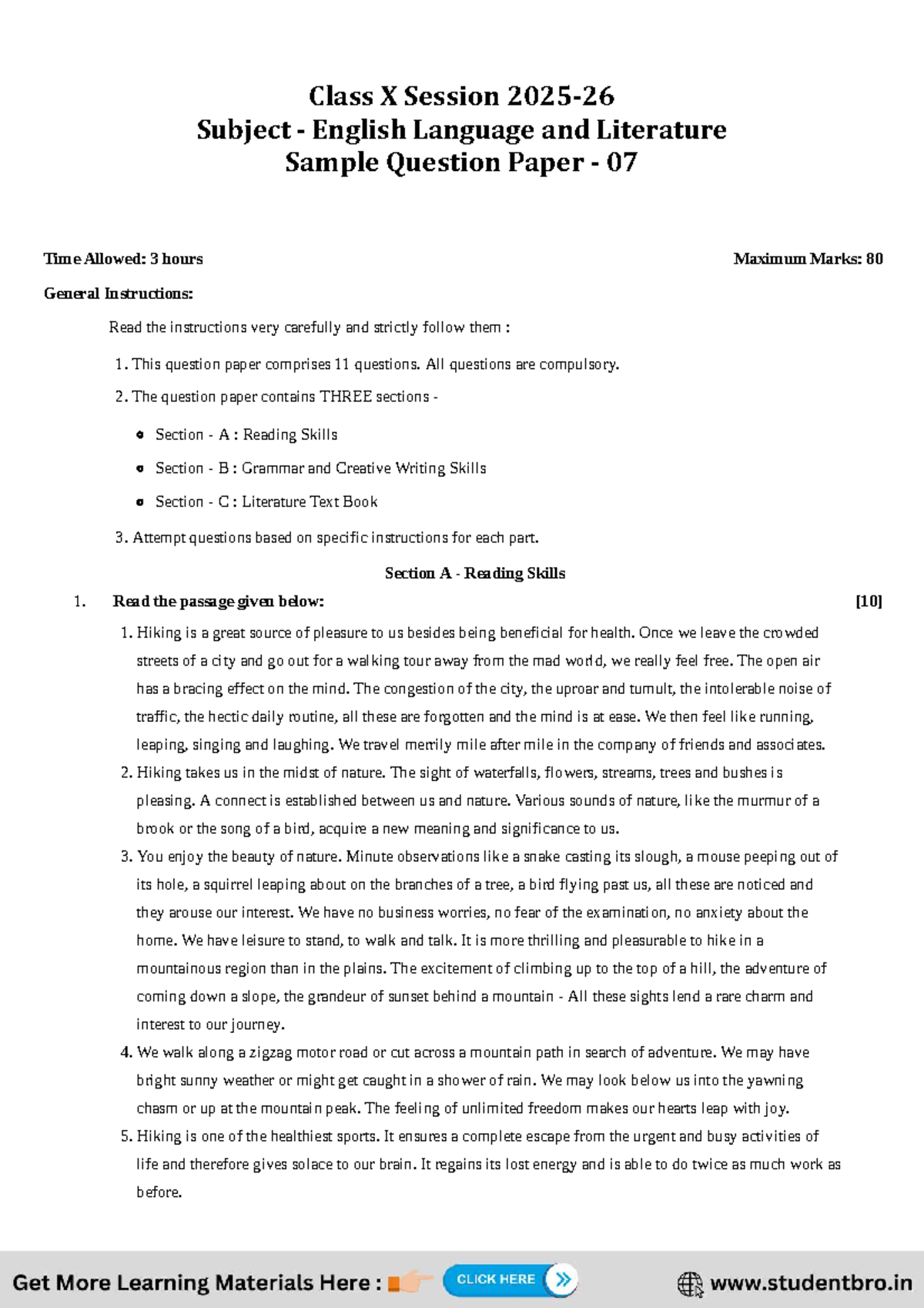 Class X English (Lang & Lit) Sample Question Paper 2026 Set 7 - Studocu