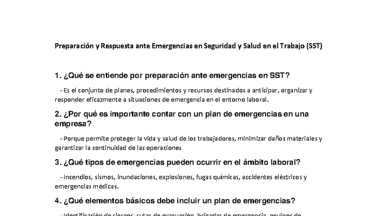 Preparación y Respuesta ante Emergencias en SST: Guía Completa - Studocu