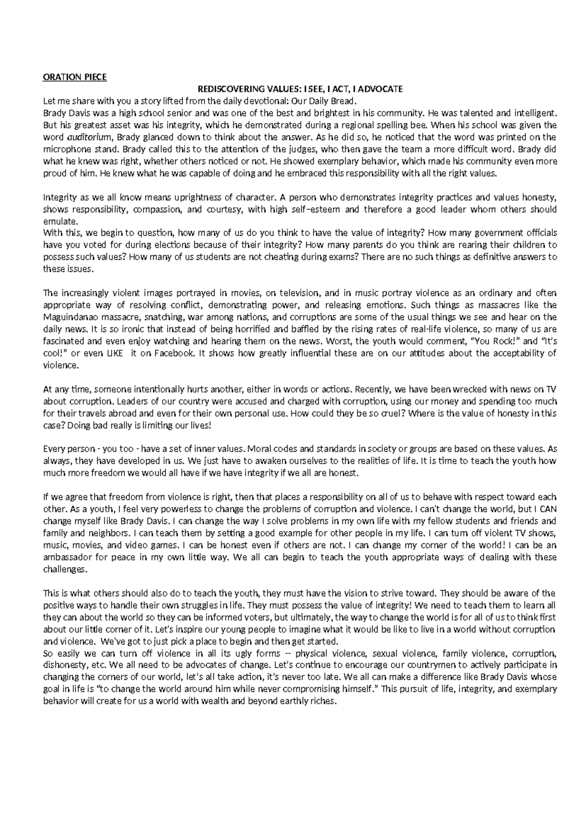 Oration Piece - ORATION PIECE REDISCOVERING VALUES: I SEE, I ACT, I ...
