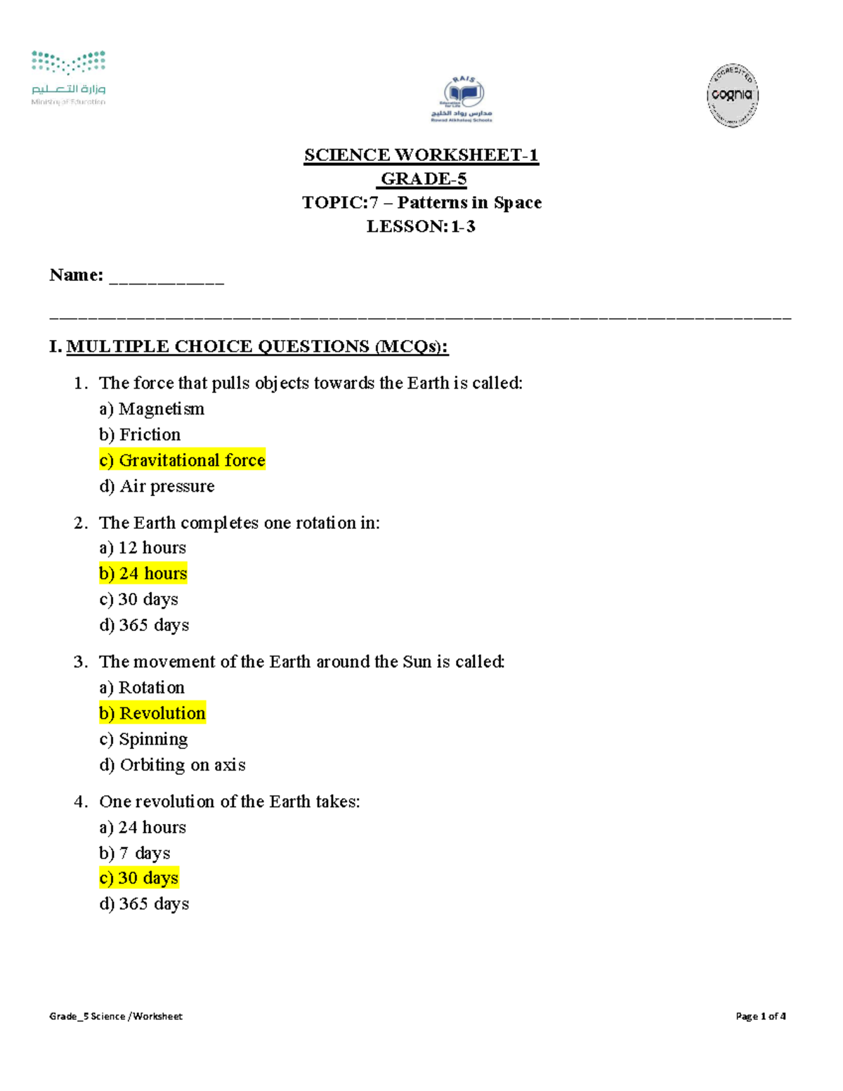 SCIENCE GRADE 5: Topic 7 Patterns in Space MCQs & Answers - Studocu