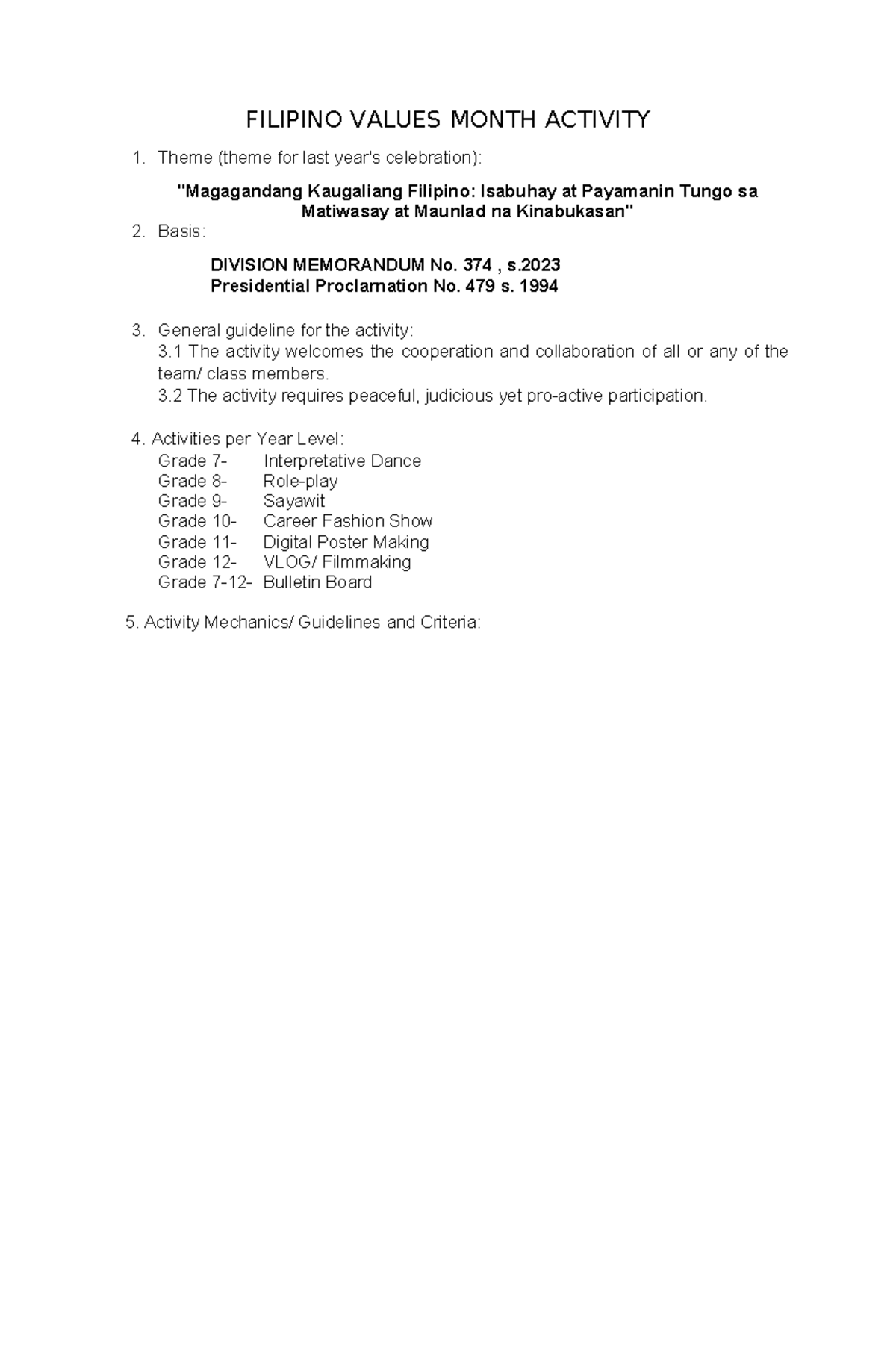 FVM2023: Filipino Values Month Activities and Guidelines - Studocu