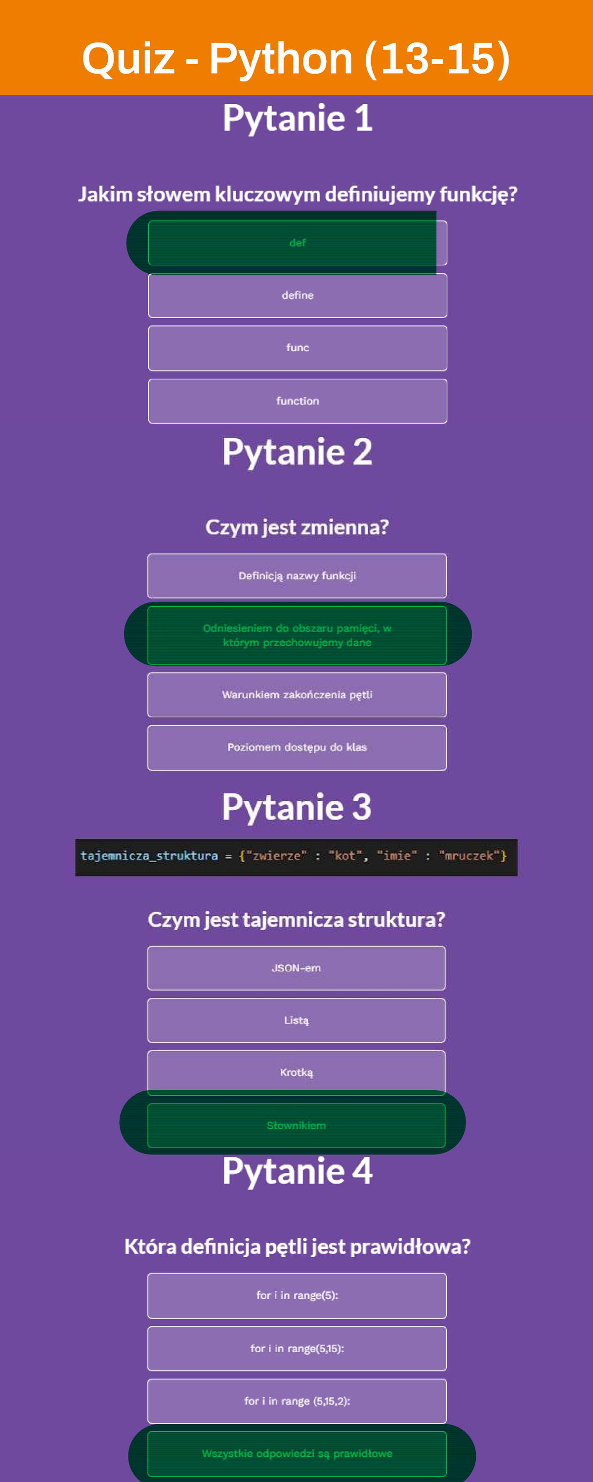 Quiz - Python gr. 13-15 - 62ad - Quiz - Python (13-15) Odpowiedzi P1 - def P2 - Odniesieniem do ...