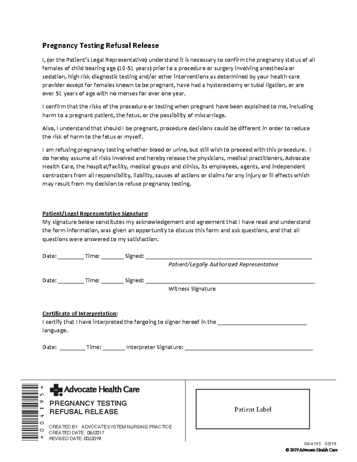 Pregnancy Testing Refusal Release Form - 00-4195 Guidelines - Studocu
