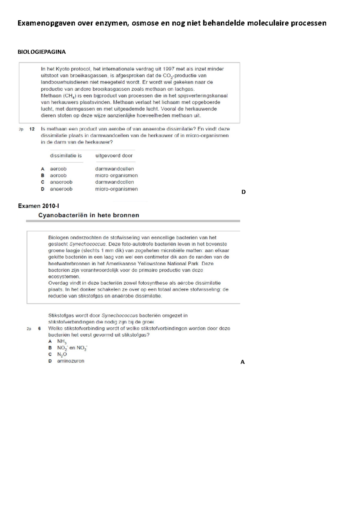 Examenopgaven Enzymen, Osmose en Moleculaire Processen V6 - Studeersnel