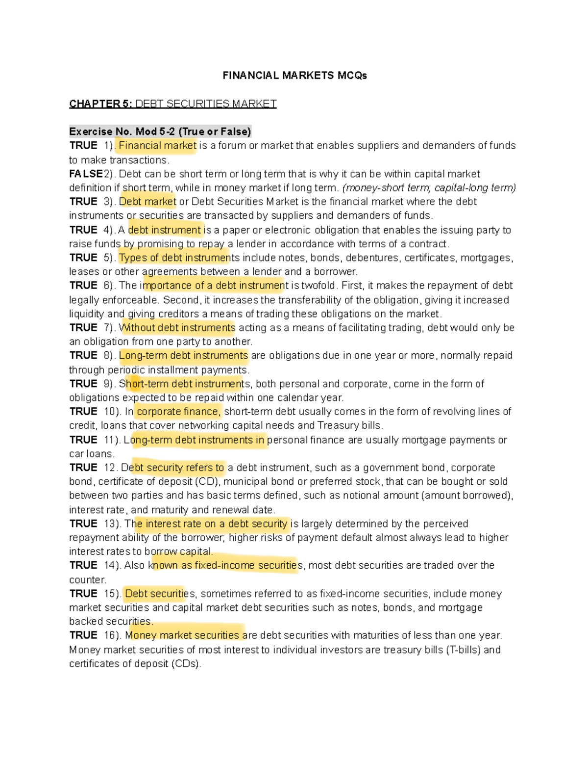 FINANCIAL MARKETS MCQs CHAPTER 5: DEBT SECURITIES MARKET True/False ...