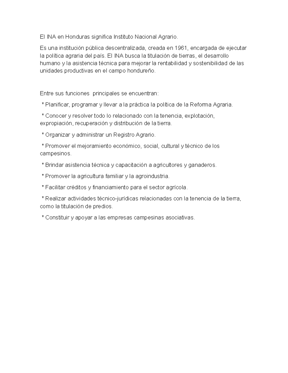 Funciones del INA en Honduras: Un Análisis Detallado - Studocu