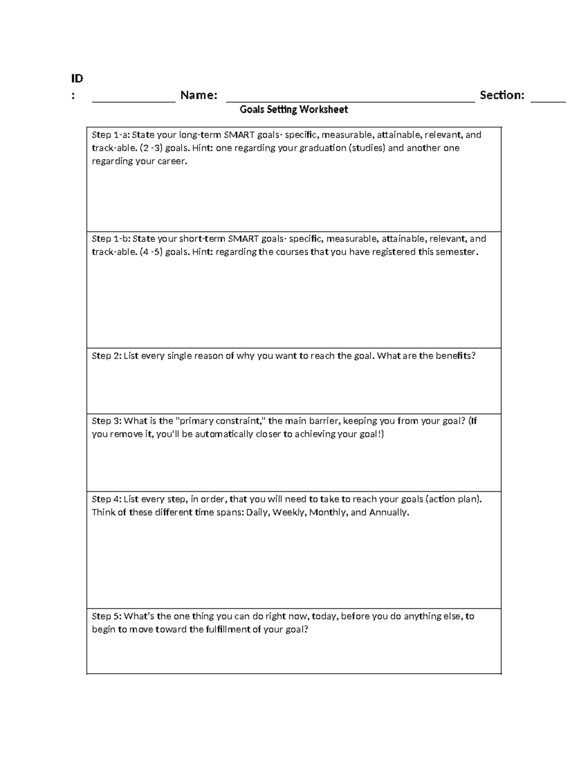 Goal Setting Worksheet - ID : Name: Section: Goals Setting Worksheet ...