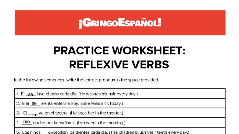 Reflexive Verbs Practice Worksheet for Spanish Language Study - Studocu