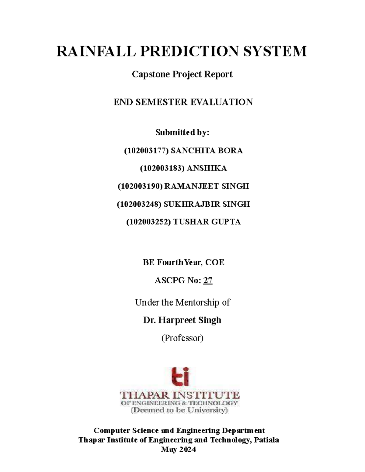 Final Capstone Report: Rainfall Prediction System (CS203-4) - Studocu