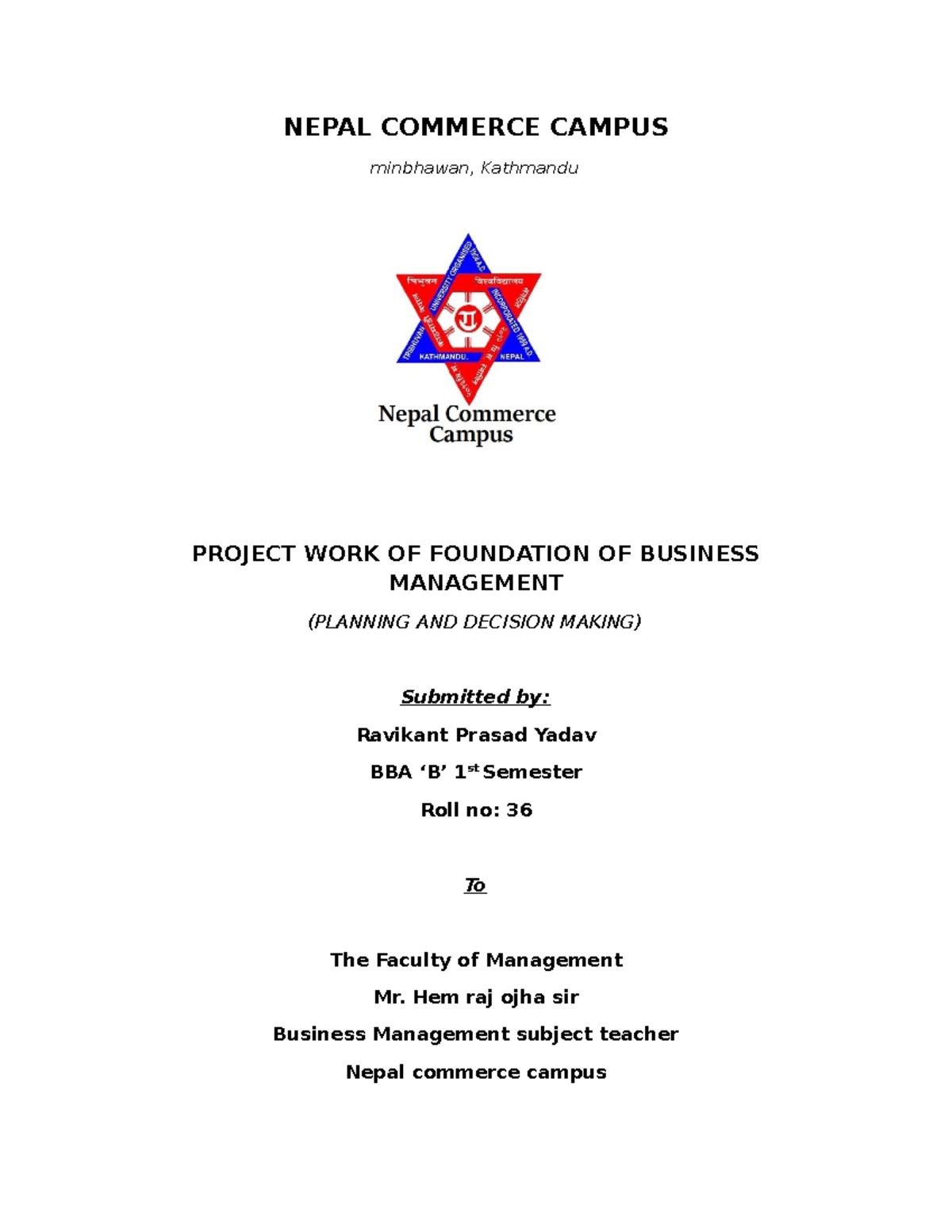 BBA 1st Sem Project: Planning & Decision Making in Business Management ...