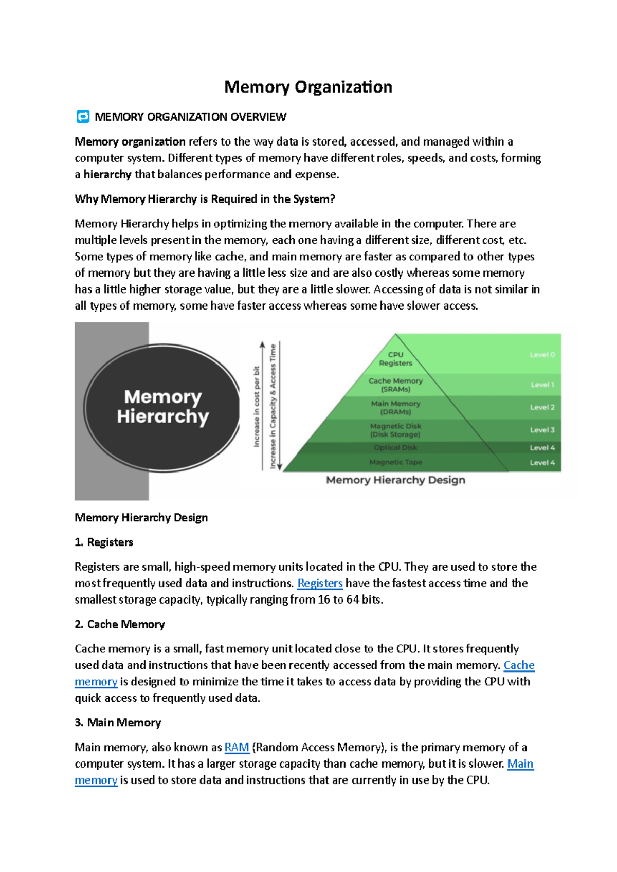 Memory Organization Overview: Key Concepts and Hierarchy - Studocu