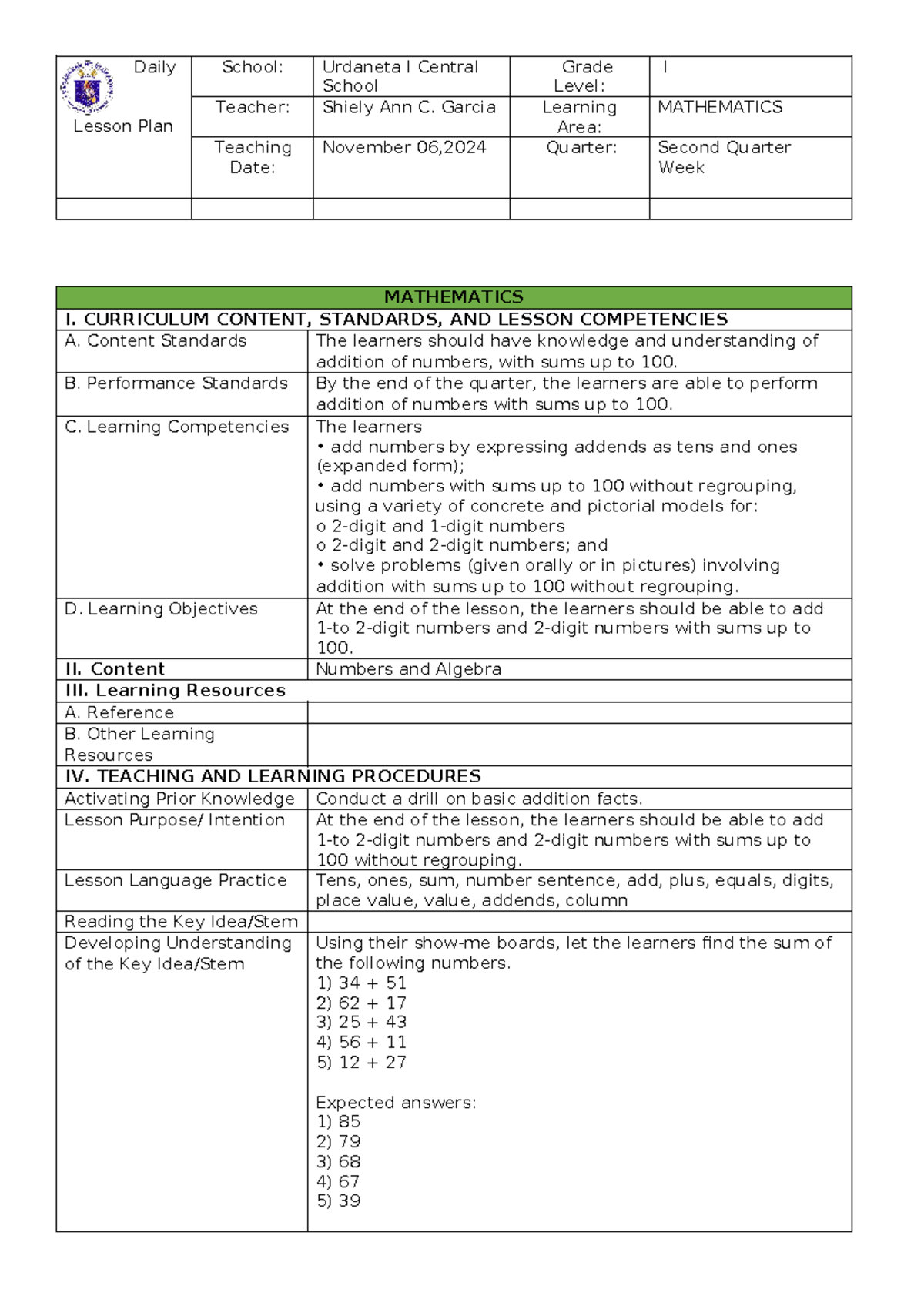 Daily Lesson Plan for MATH Week 11 - Grade I (Nov 06, 2024) - Studocu