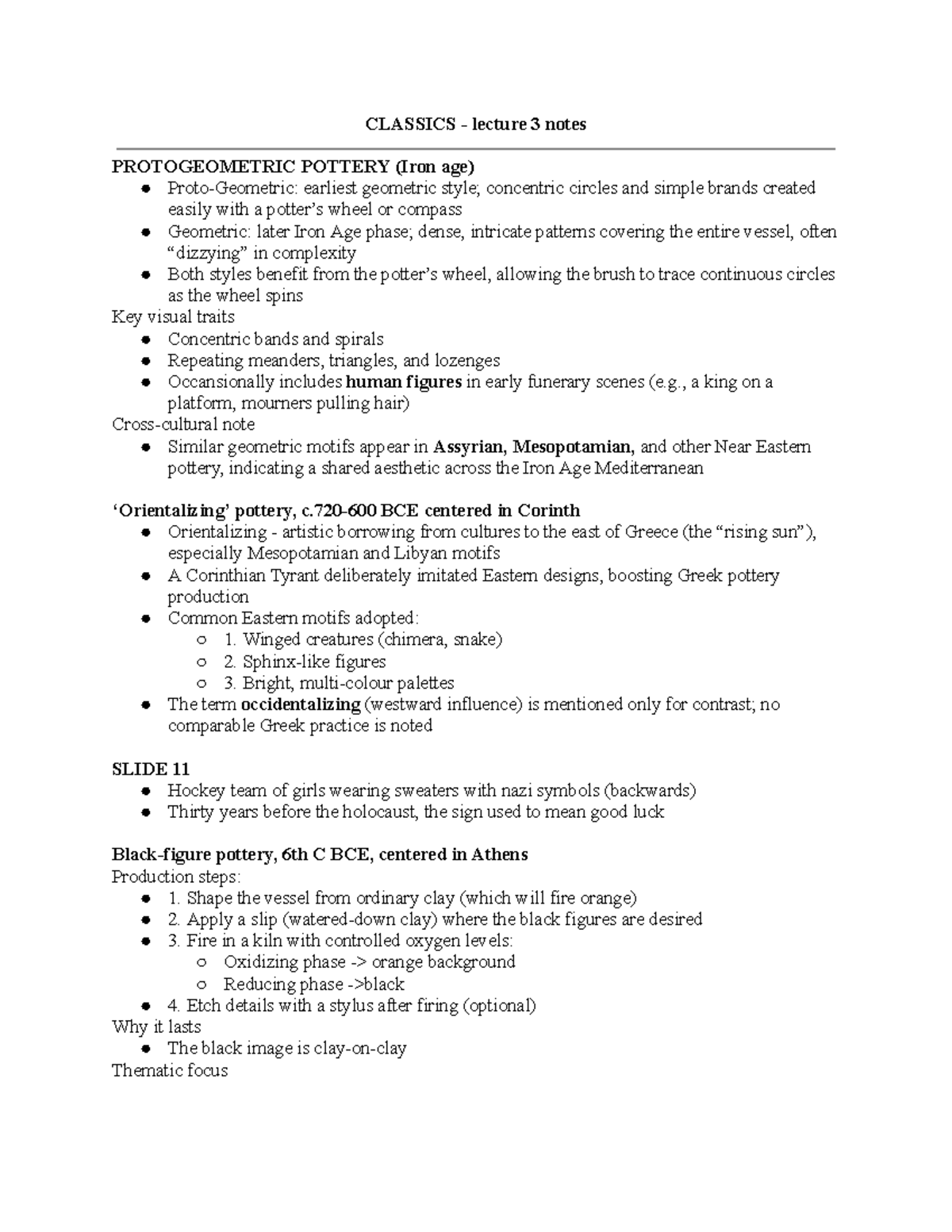 Classics 101: Lecture 3 Notes on Protogeometric Pottery and Art - Studocu