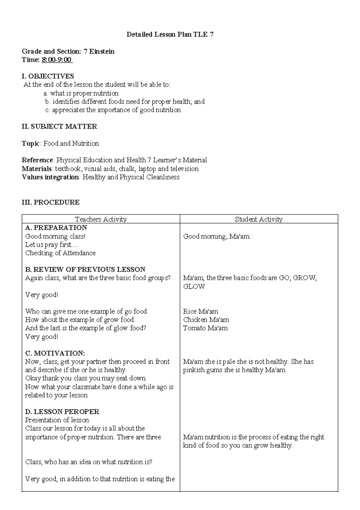 Detailed Lesson Plan: Food and Nutrition TLE 7 for Grade 7 Einstein ...