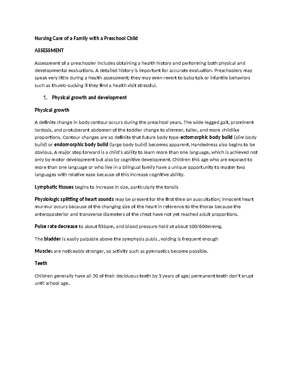 Nursing Care for Preschool Child Development & Health Assessment - Studocu