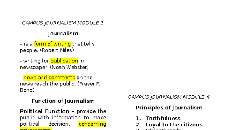 CAMPUS JOURNALISM MODULE 1: Functions and Principles of Journalism ...