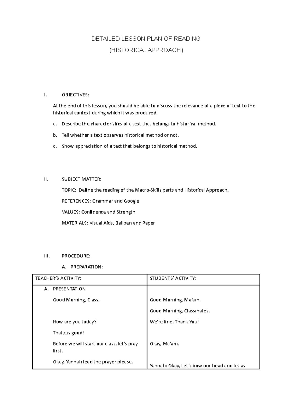 Detailed Reading Lesson Plan: Historical Approach - PLA1 - Studocu