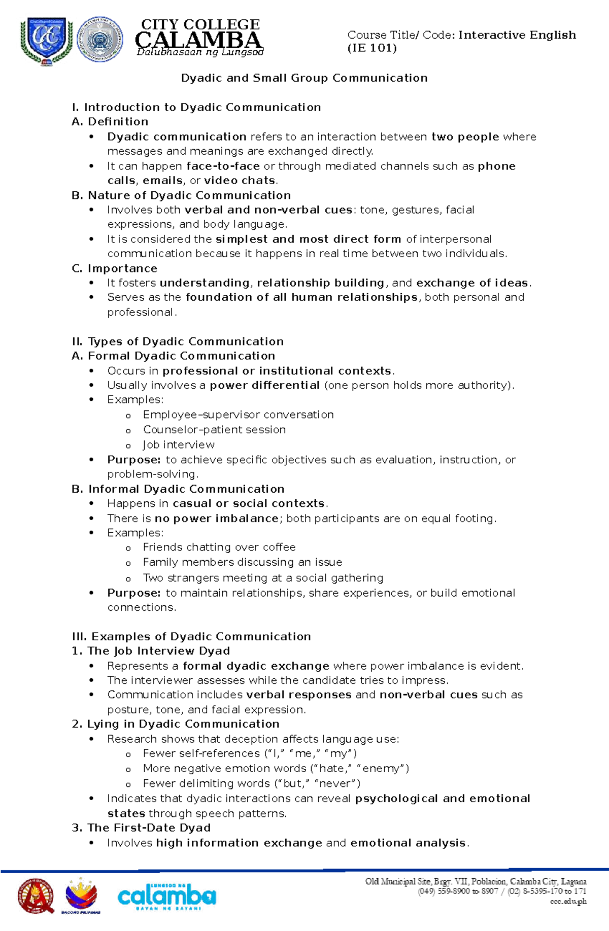 IE 101: Dyadic and Small Group Communication Overview - Studocu