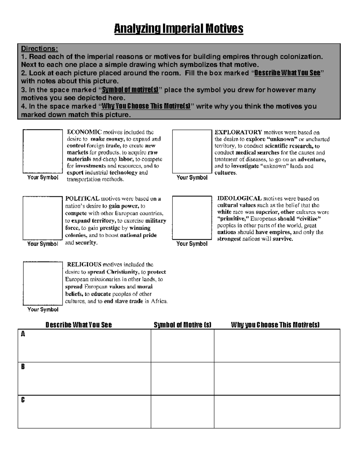 Imperial Motives Activity Guide: Symbolizing Colonization Factors - Studocu