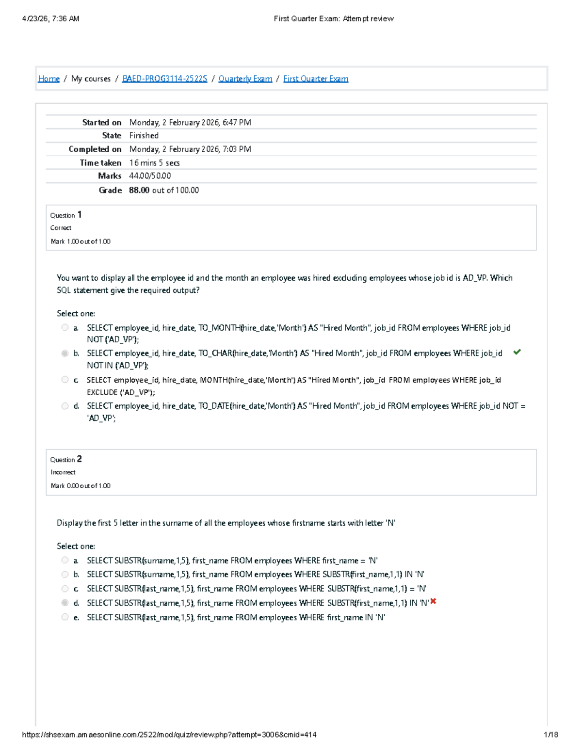 BAED-PROG3114 First Quarter Exam SQL Questions and Answers - Studocu