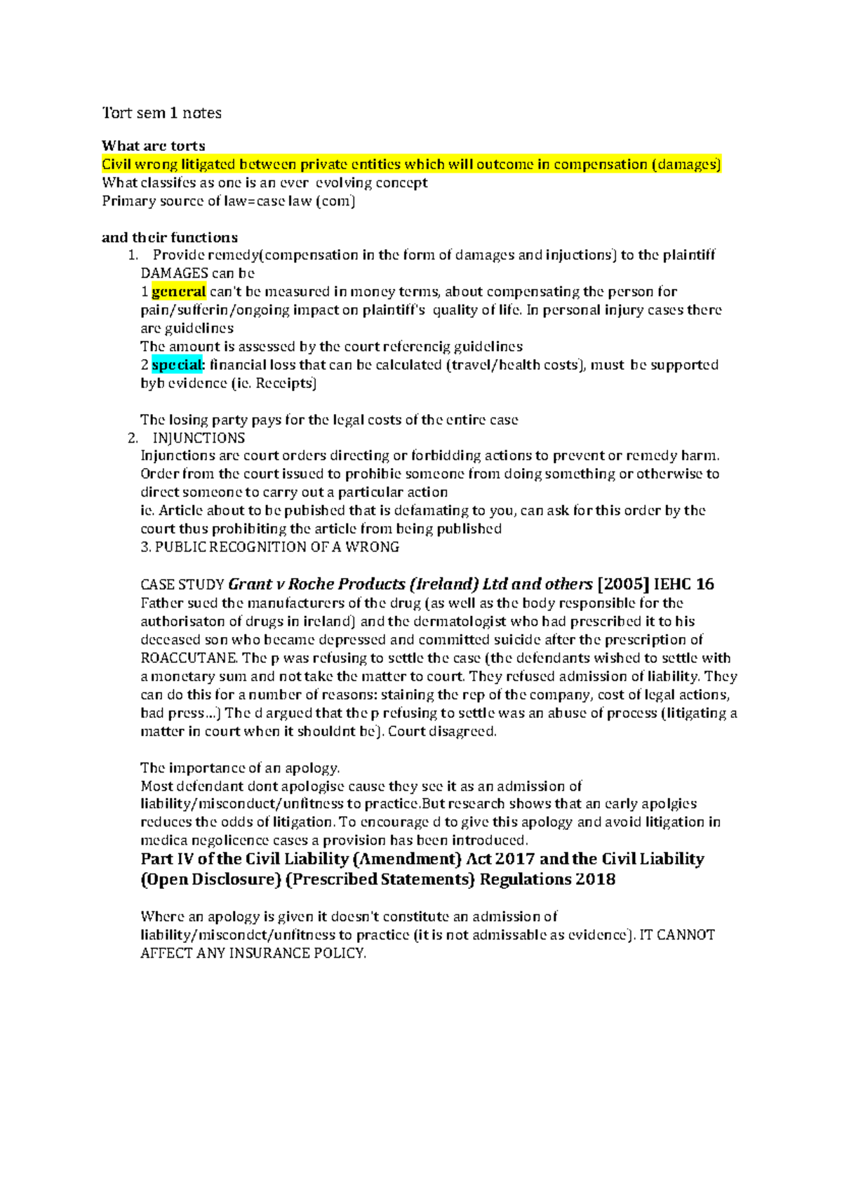 Tort Law Sem 1 Notes: Understanding Civil Wrongs and Remedies - Studocu
