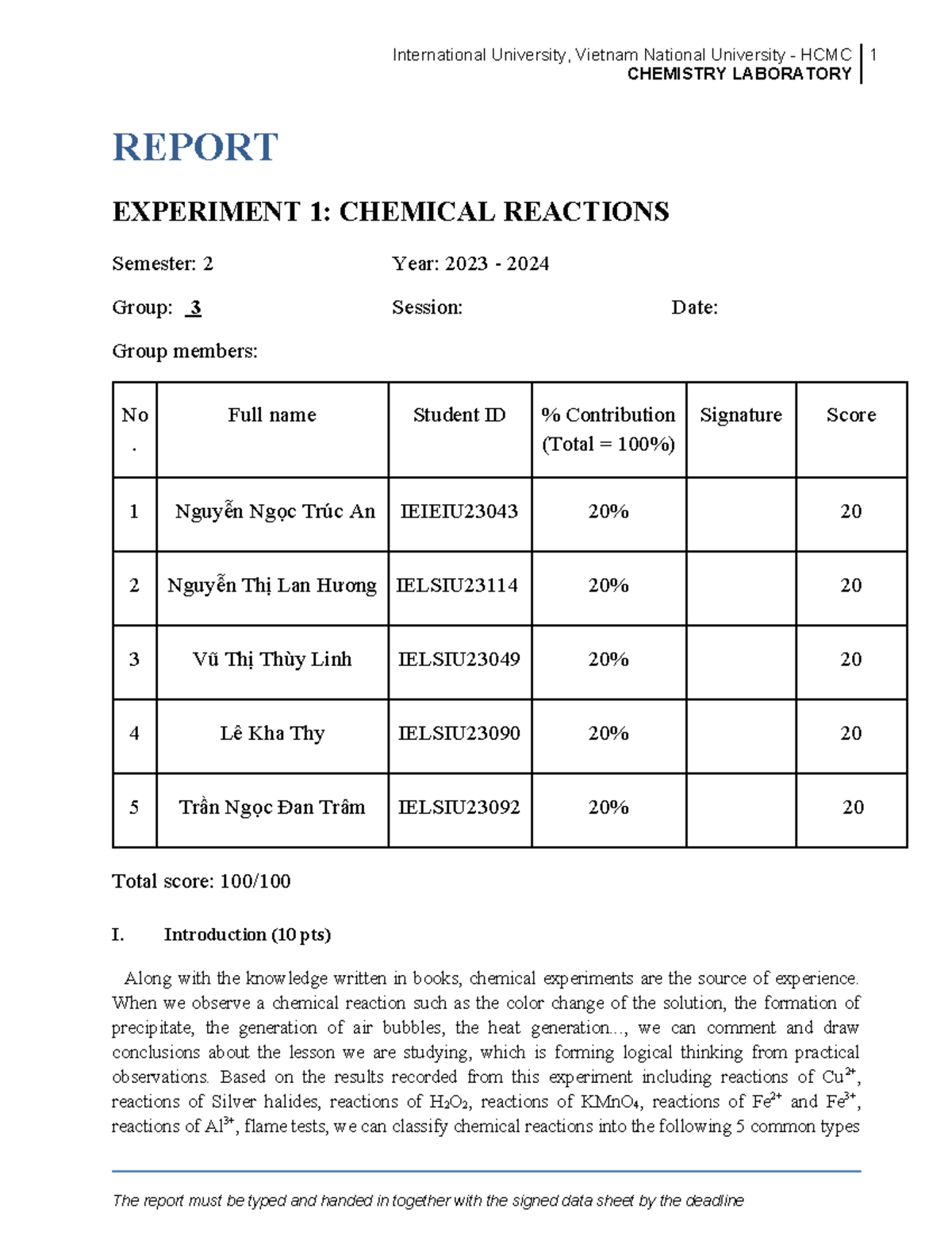 Chem Lab - Report 1 - Group 3 - CHEMISTRY LABORATORY REPORT EXPERIMENT ...