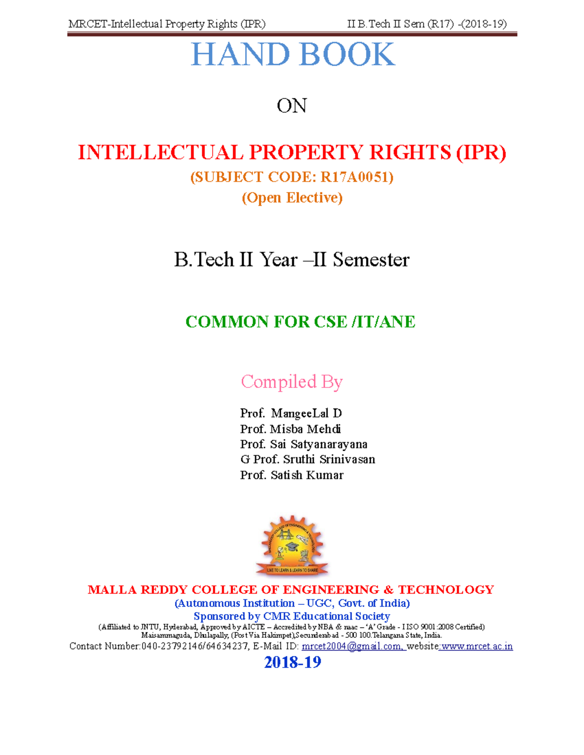 MRCET IPR Notes - B.Tech II Year II Sem (R17) Comprehensive Guide - Studocu