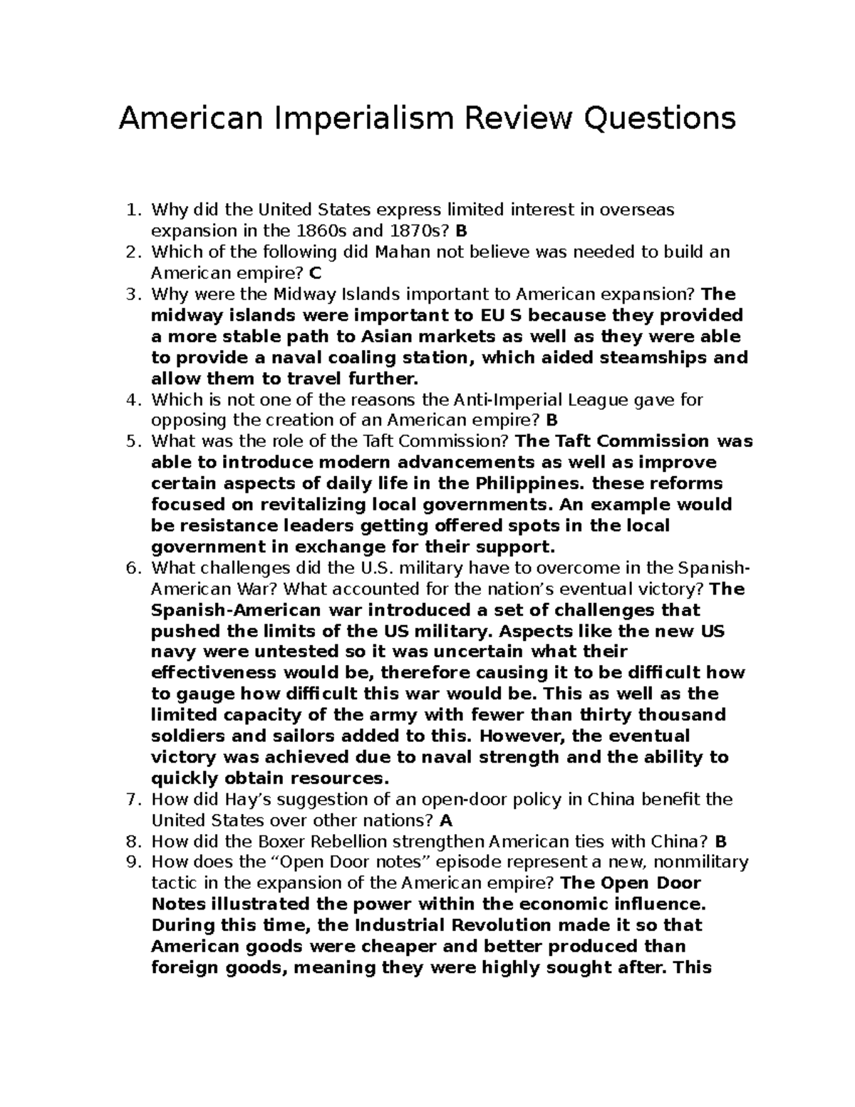 American Imperialism: Review Qs & Critical Thinking (Hist 101) - Studocu