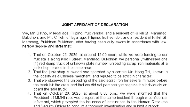 Joint Affidavit of Declaration - Incident Report on Scrap Iron Unloading - Studocu