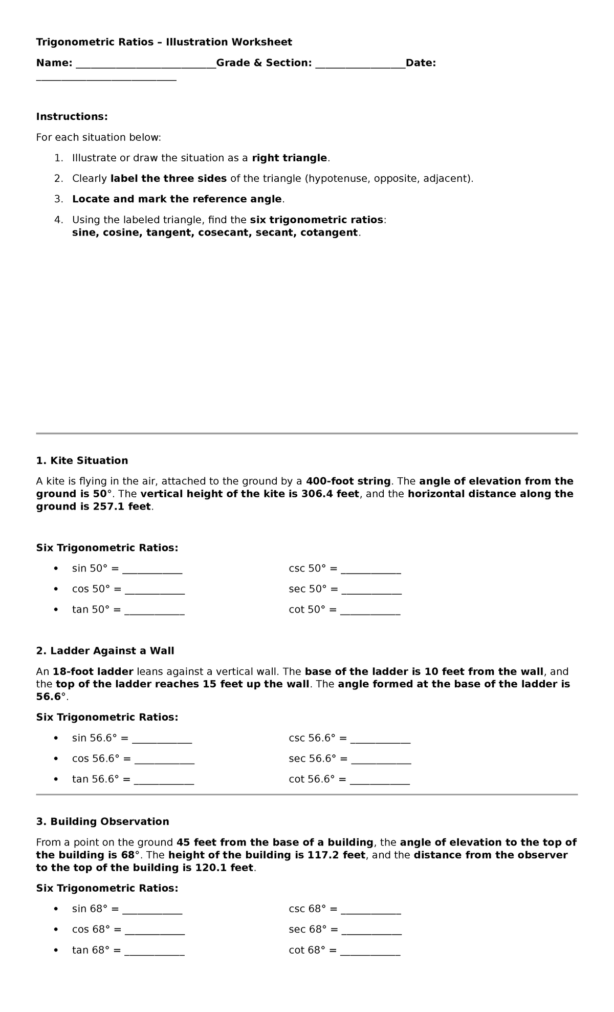Trigonometric Ratios Worksheet: Right Triangle Illustrations - Studocu