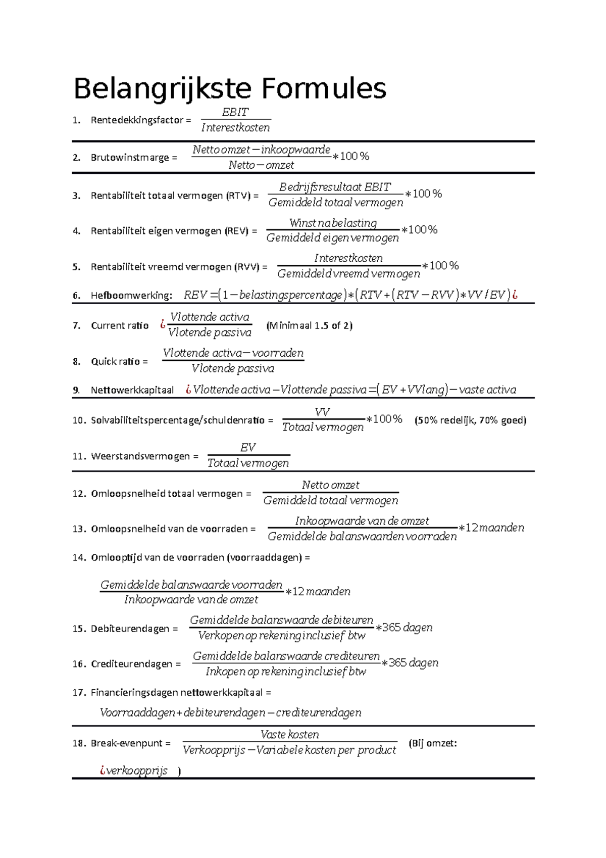 Essentiële Formules voor Finance en Verhoudingsoverzichten - Studeersnel