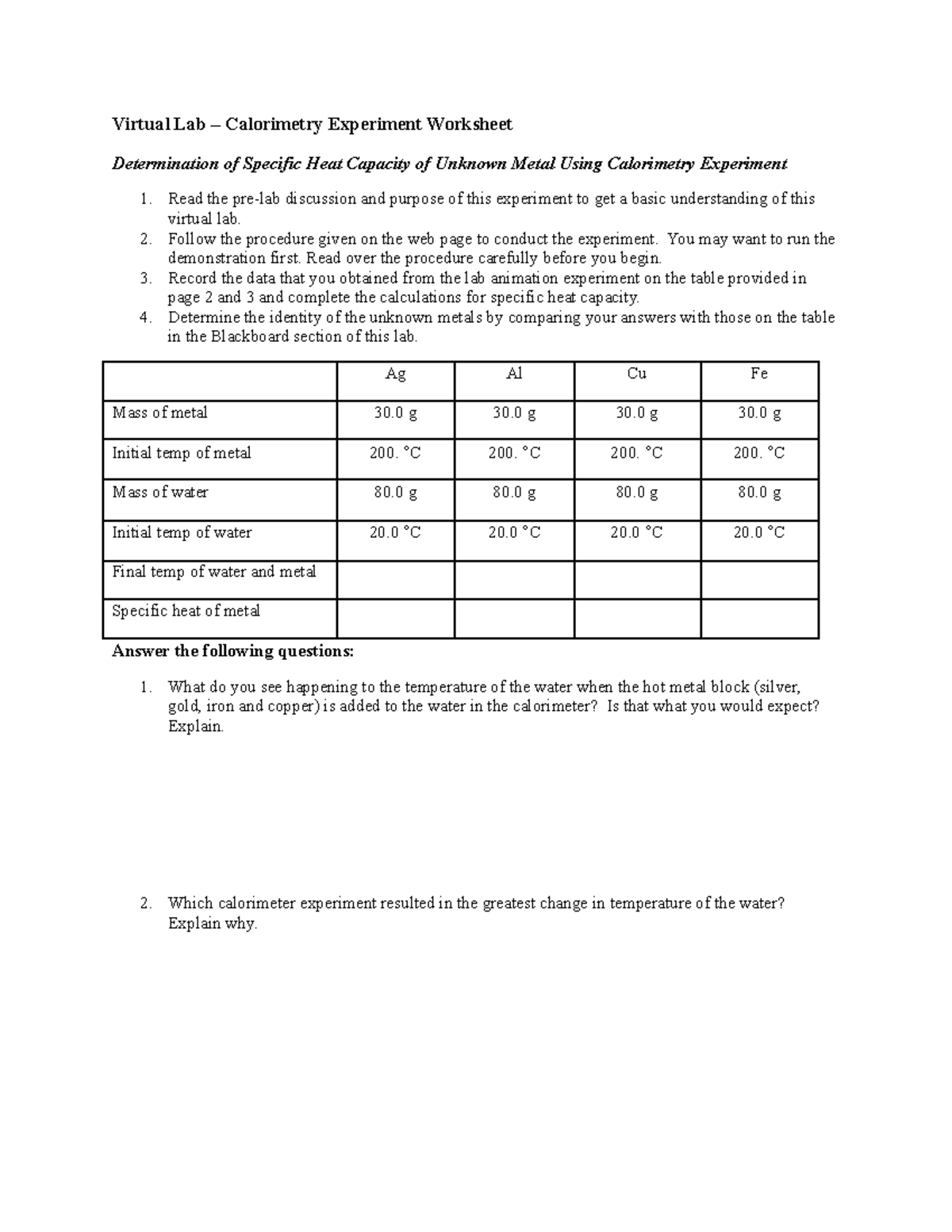 Calorimetry Lab Worksheet – Virtual Experiment on Specific Heat ...