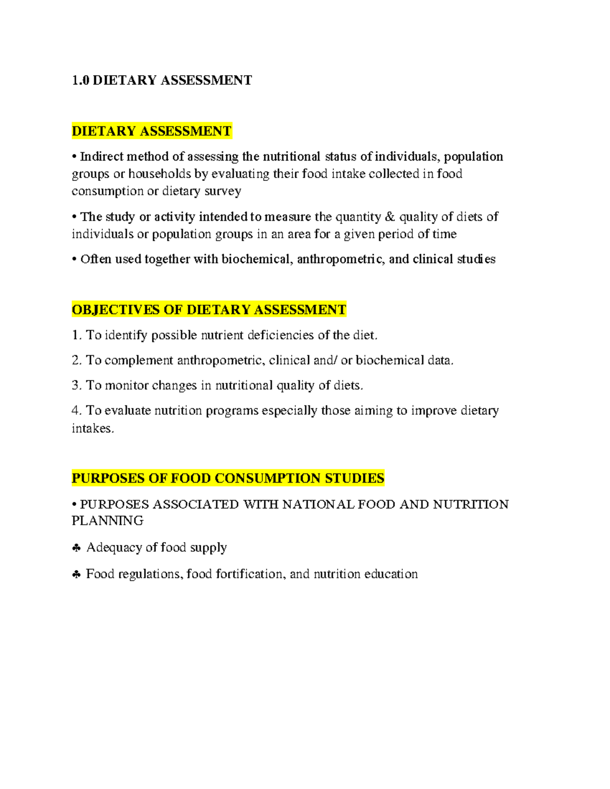 1.0 Dietary Assessment - 1 DIETARY ASSESSMENT DIETARY ASSESSMENT ...