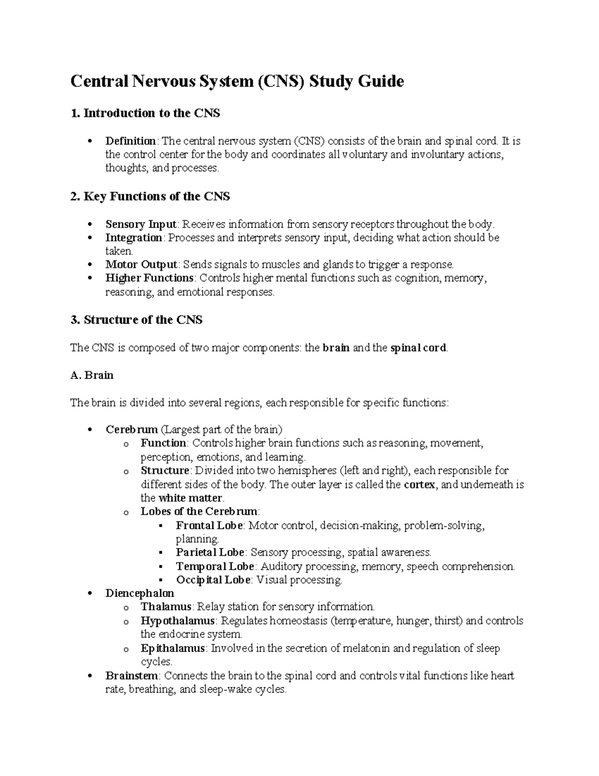 Central Nervous System study guide - Central Nervous System (CNS) Study ...