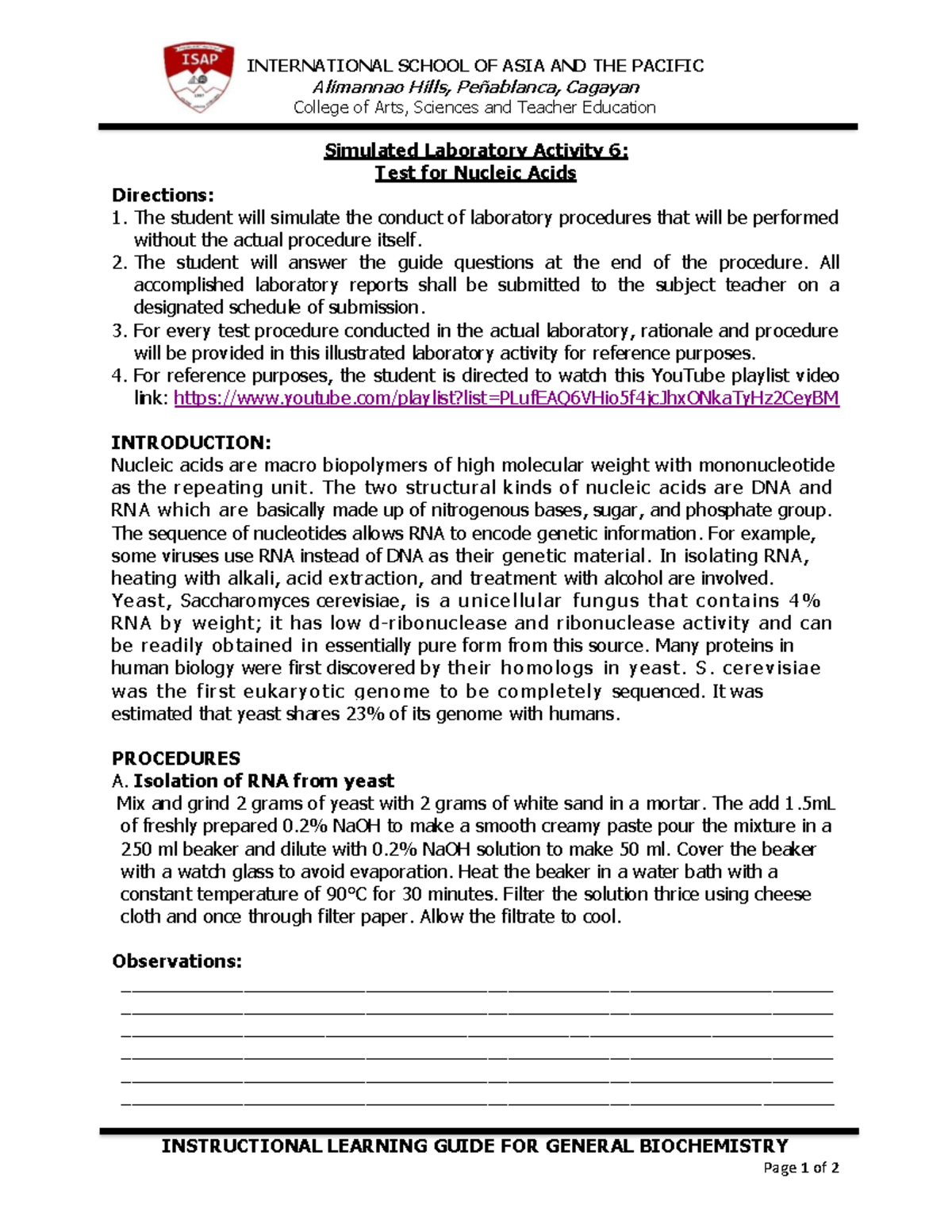 Laboratory Activity 6: Test for Nucleic Acids in General Biochemistry ...