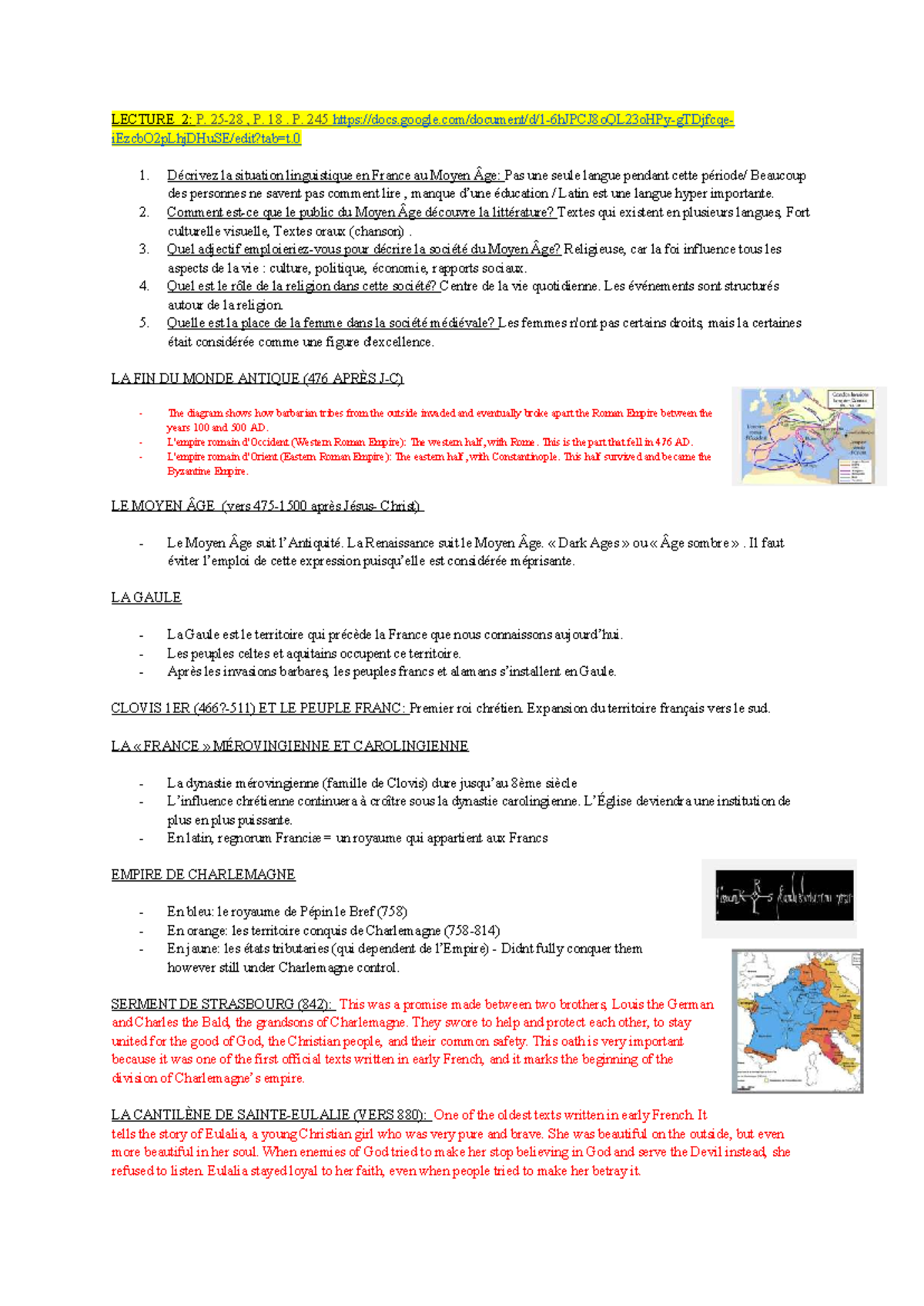 Français 2605 - Notes de Cours sur le Moyen Âge et la Renaissance - Studocu