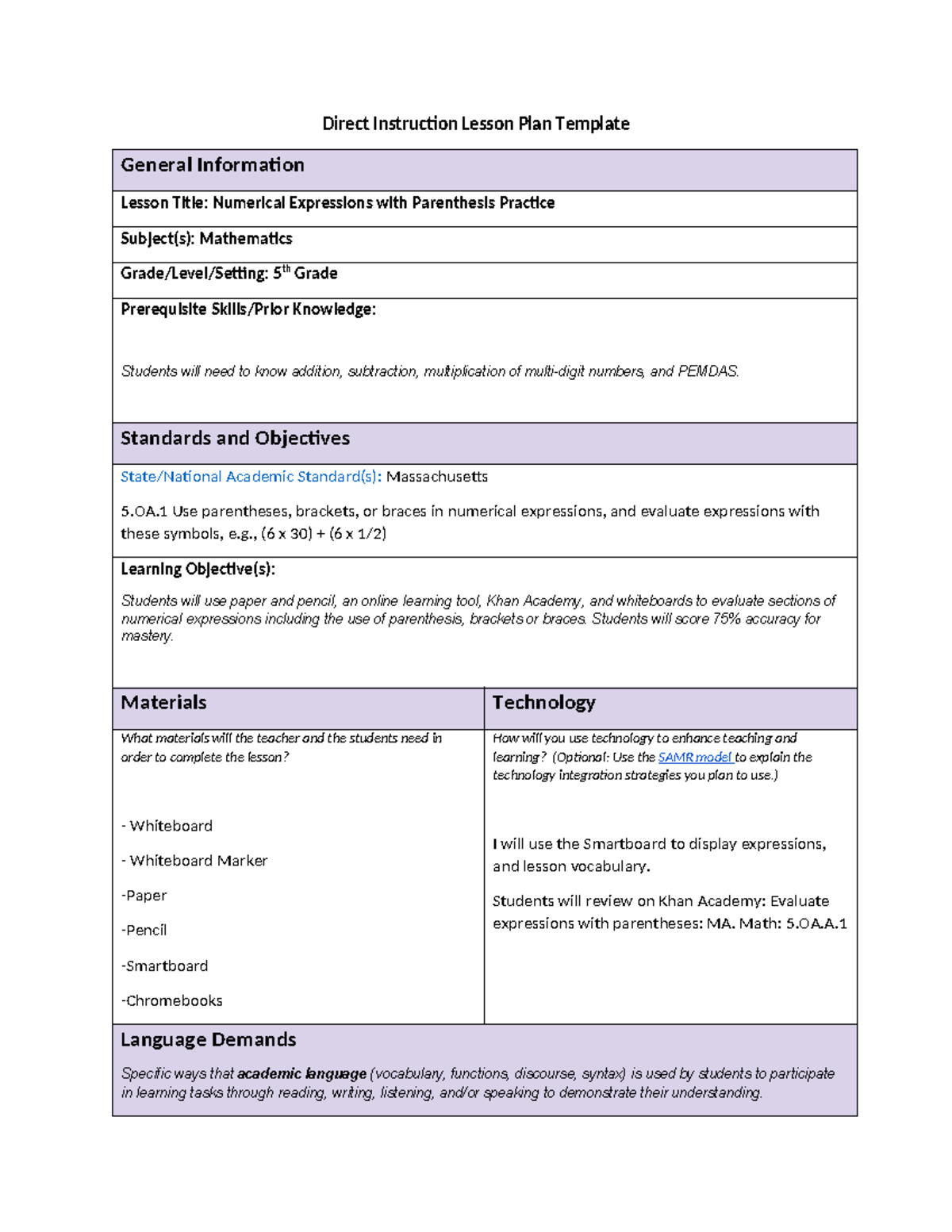 D127 Task 1 - Math Direct Instruction Lesson Plan on Numerical ...