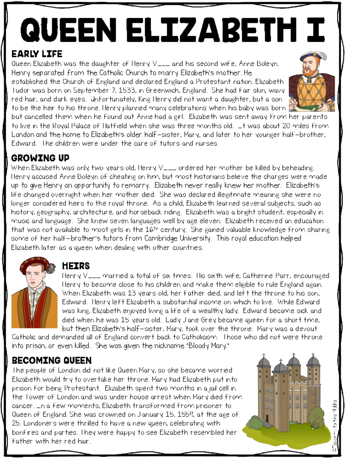 Queen Elizabeth Iof England Reading Comprehension Worksheet Tudors ...