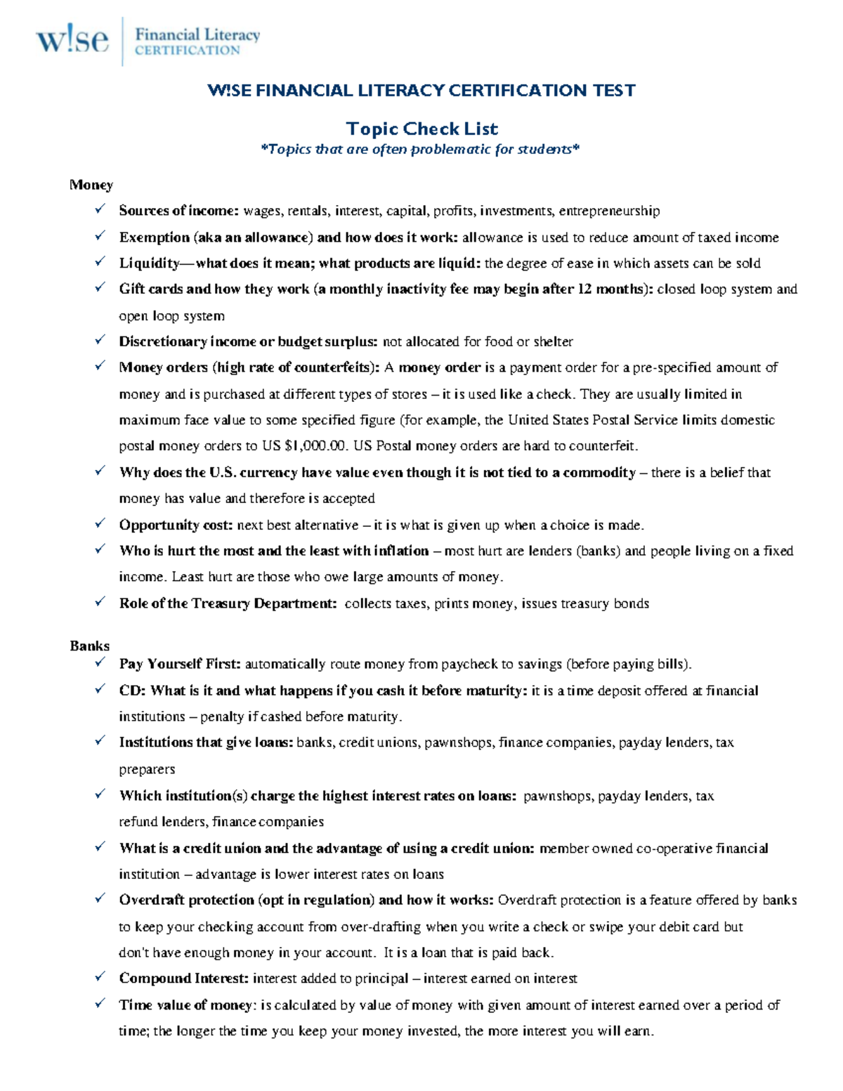 WSE Topics for Review - for studying the wise exam