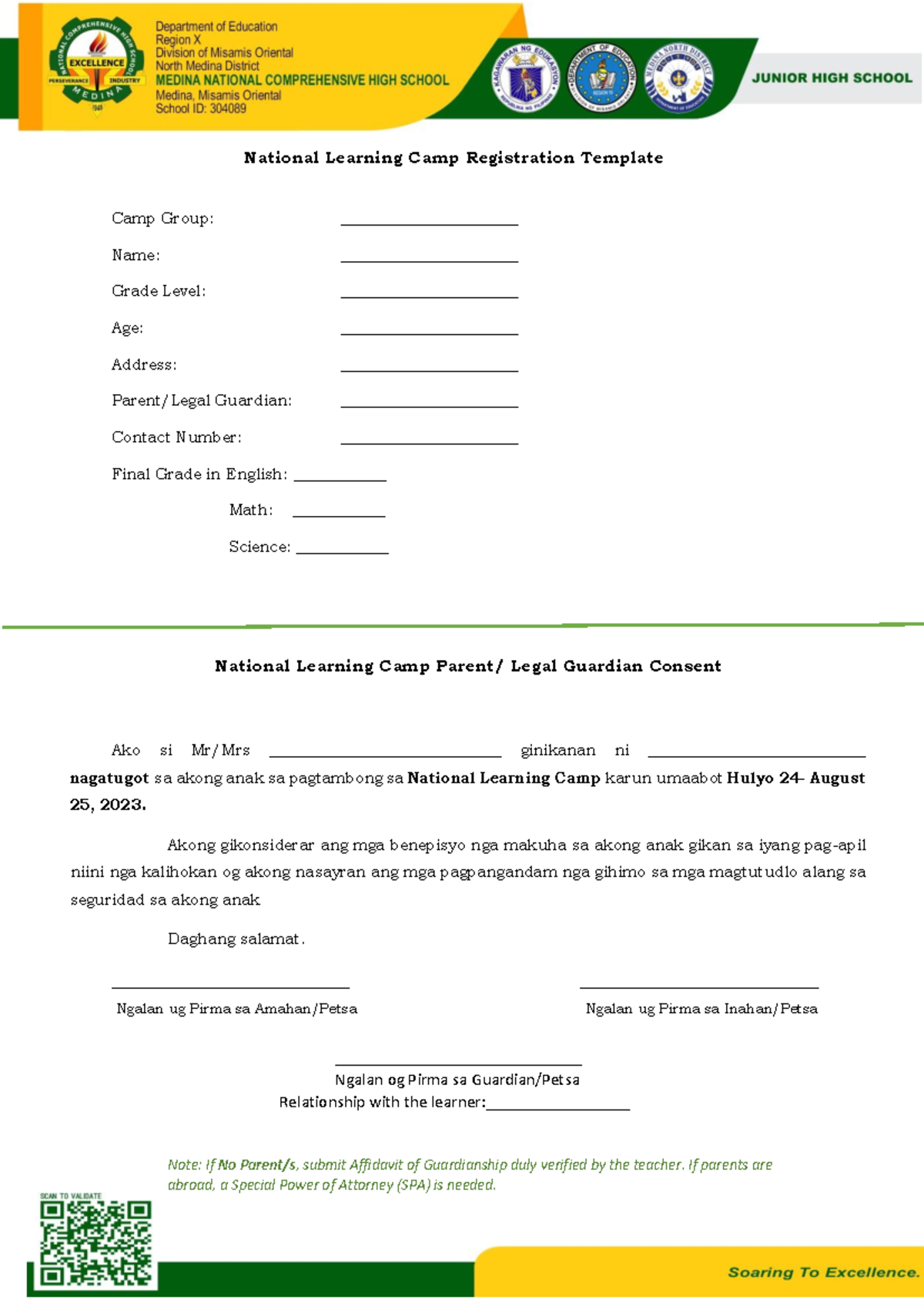 National Learning Camp Registration Template & Consent Form - Studocu