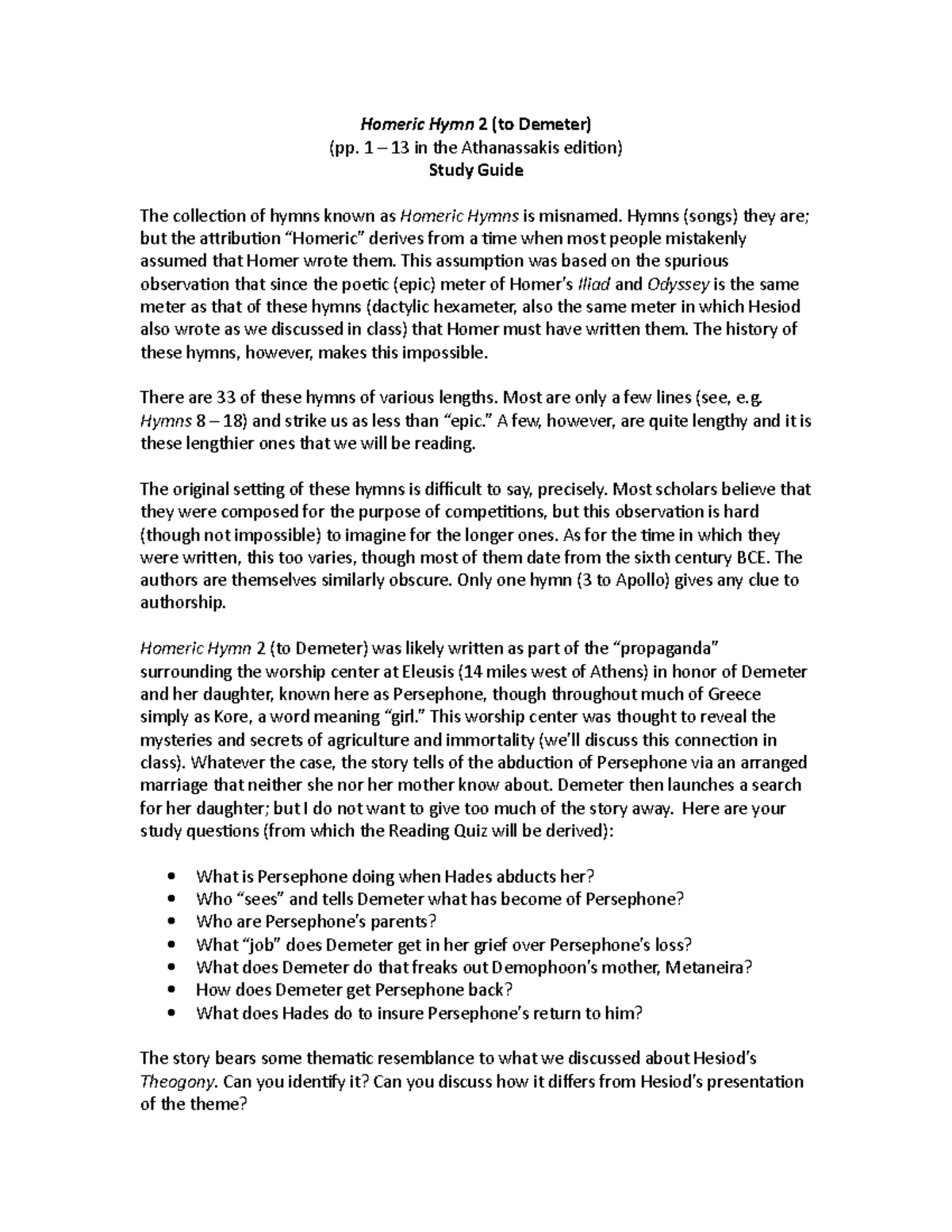 Homeric Hymn 2 - Study Guide - Homeric Hymn 2 (to Demeter) (pp. 1 – 13 ...
